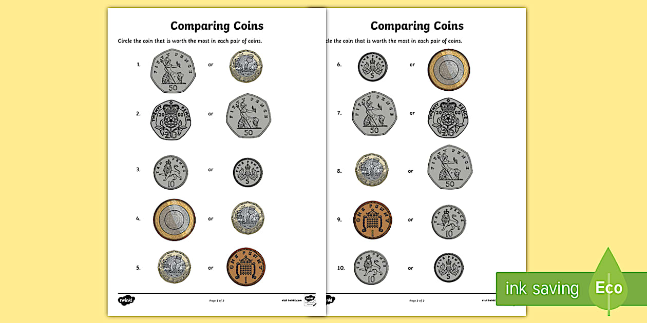 👉 Comparing Coins Worksheet / Worksheets (teacher made)