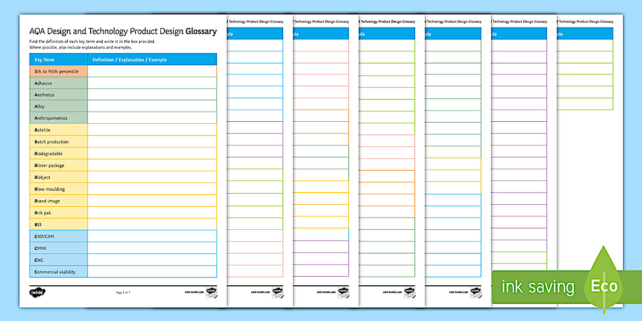 Product Design Glossary Worksheet / Worksheet - English
