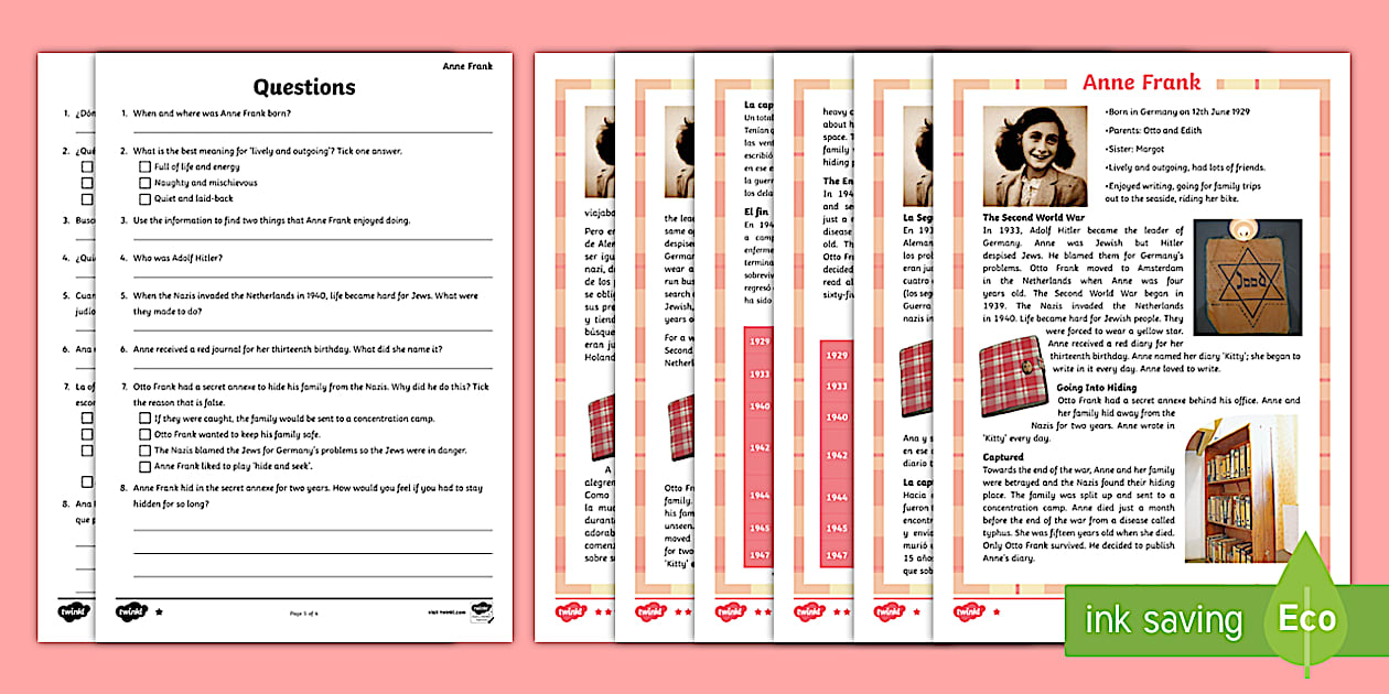 Higher Ability Anne Frank Differentiated Reading Comprehension Activity