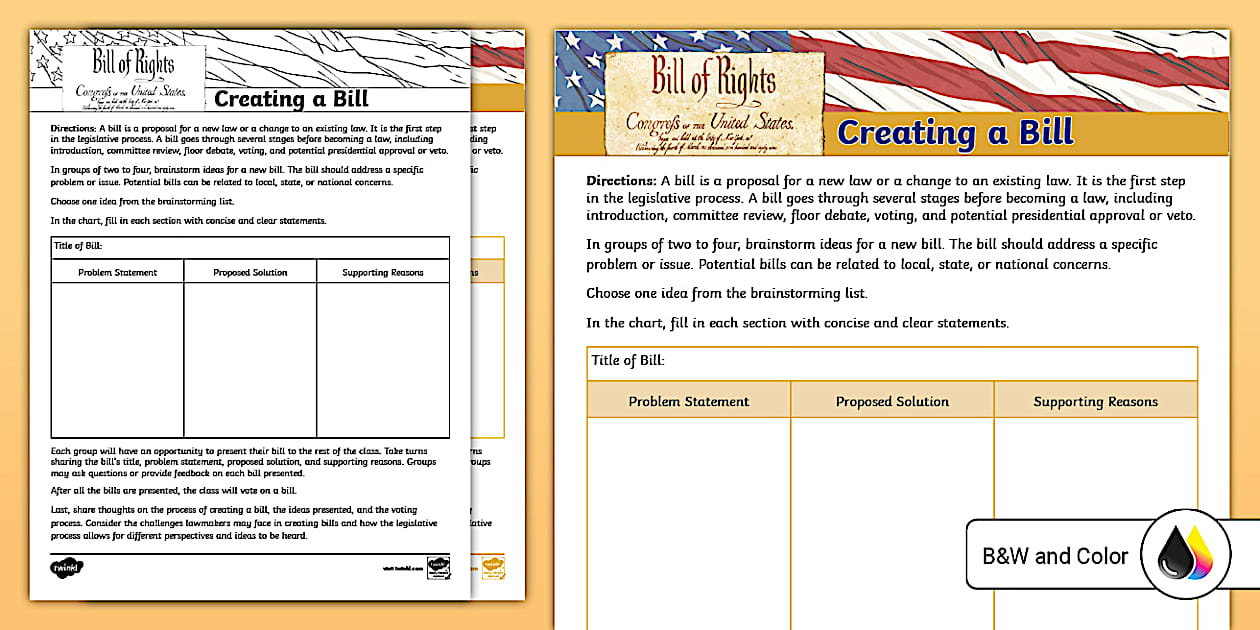 Sixth Grade Creating a Bill Class Worksheet (Teacher-Made)