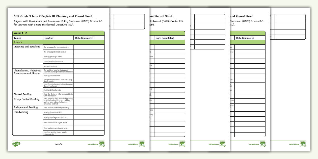 SID: Grade 3 Term 2 English HL Planning and Record Sheet