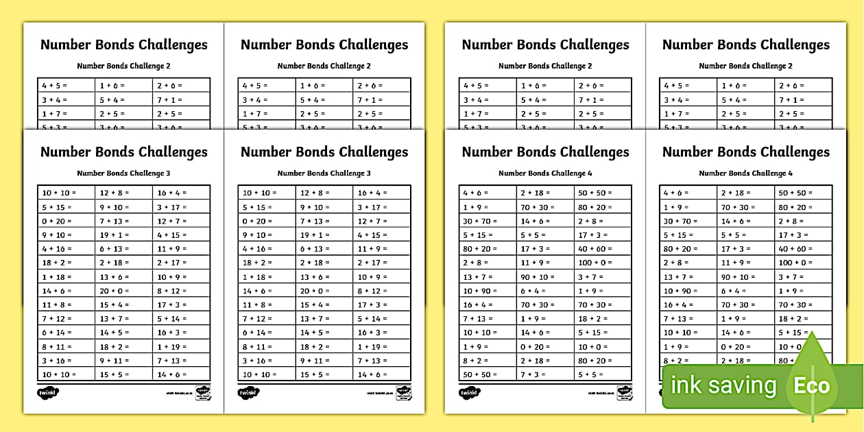 Number Bonds Challenge Worksheets | Maths Resources | Twinkl
