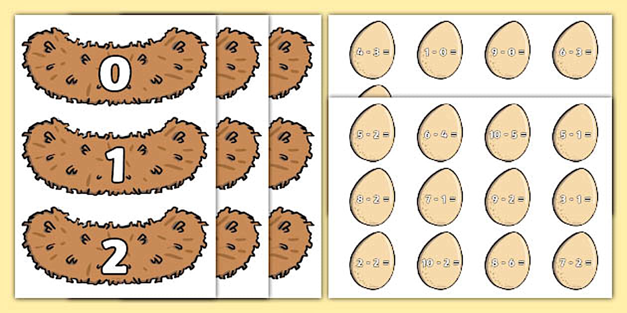 Eggs and Nest Themed Subtraction From 10 Activity - Twinkl