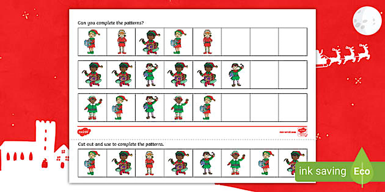Elf Themed Pencil Complete the Pattern Worksheet - Twinkl