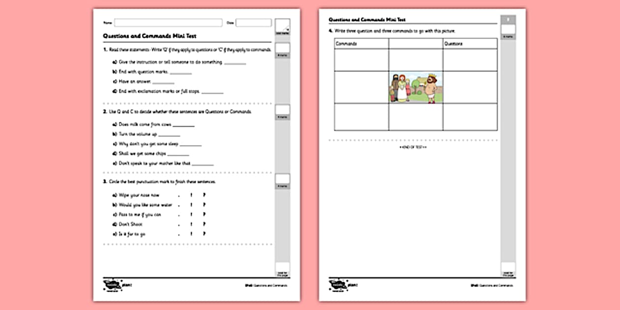 Black and White Questions and Commands Mini Test - Twinkl