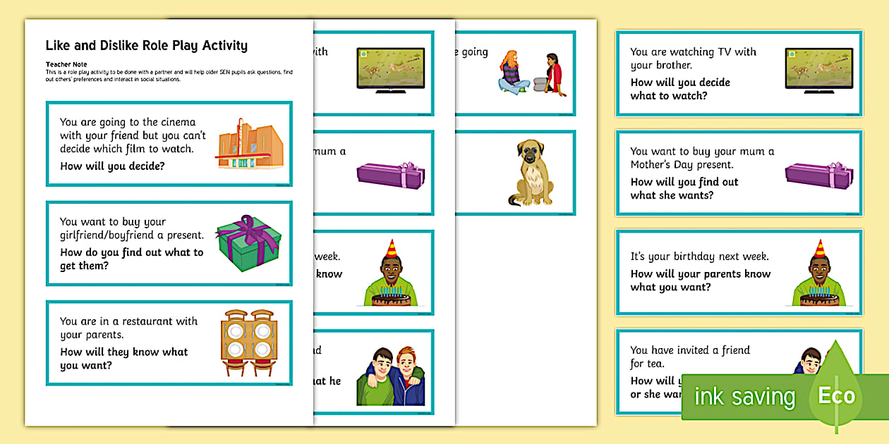 Likes and Dislikes Role Play Word Cards (teacher made)
