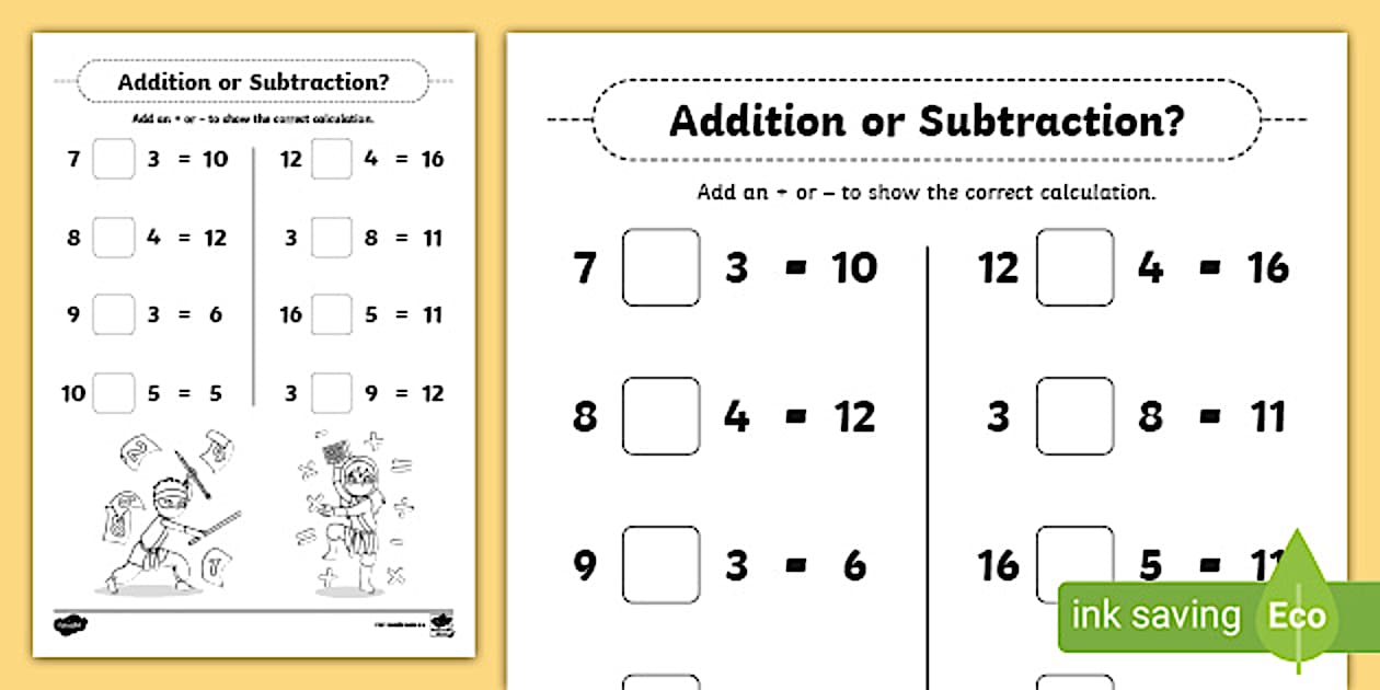 Addition or Subtraction Symbol? Worksheet | Twinkl Resources