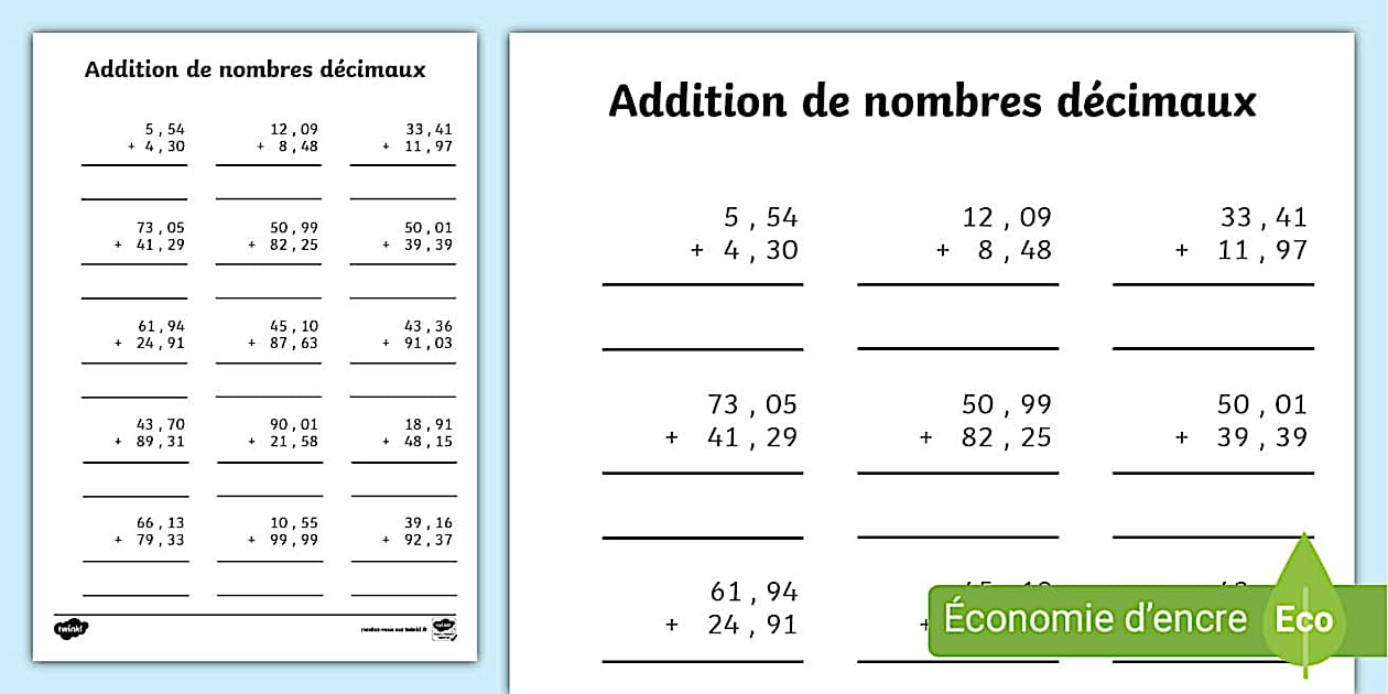 Fiche d'activité - additions de nombres décimaux - Twinkl