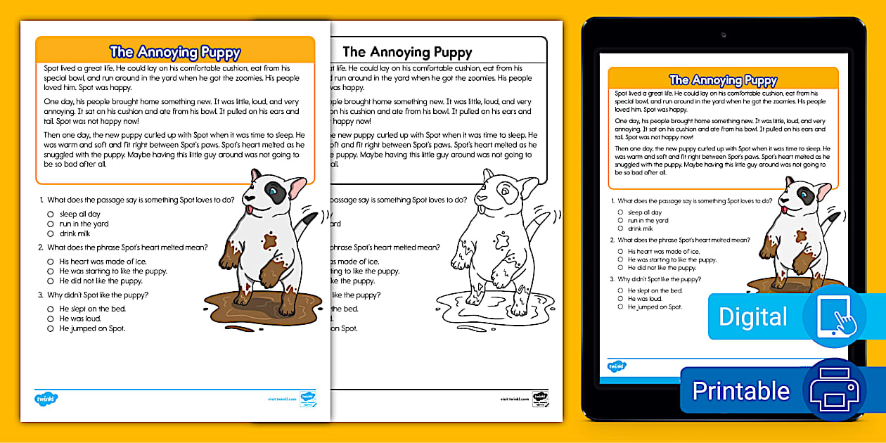 Second Grade Annoying Puppy Reading Comprehension | Twinkl