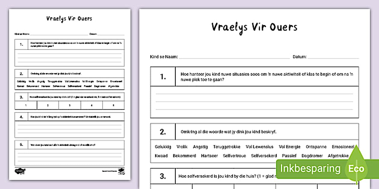 Vraelys Vir Ouers Oor Kind se Welstand en Betrokkenheid