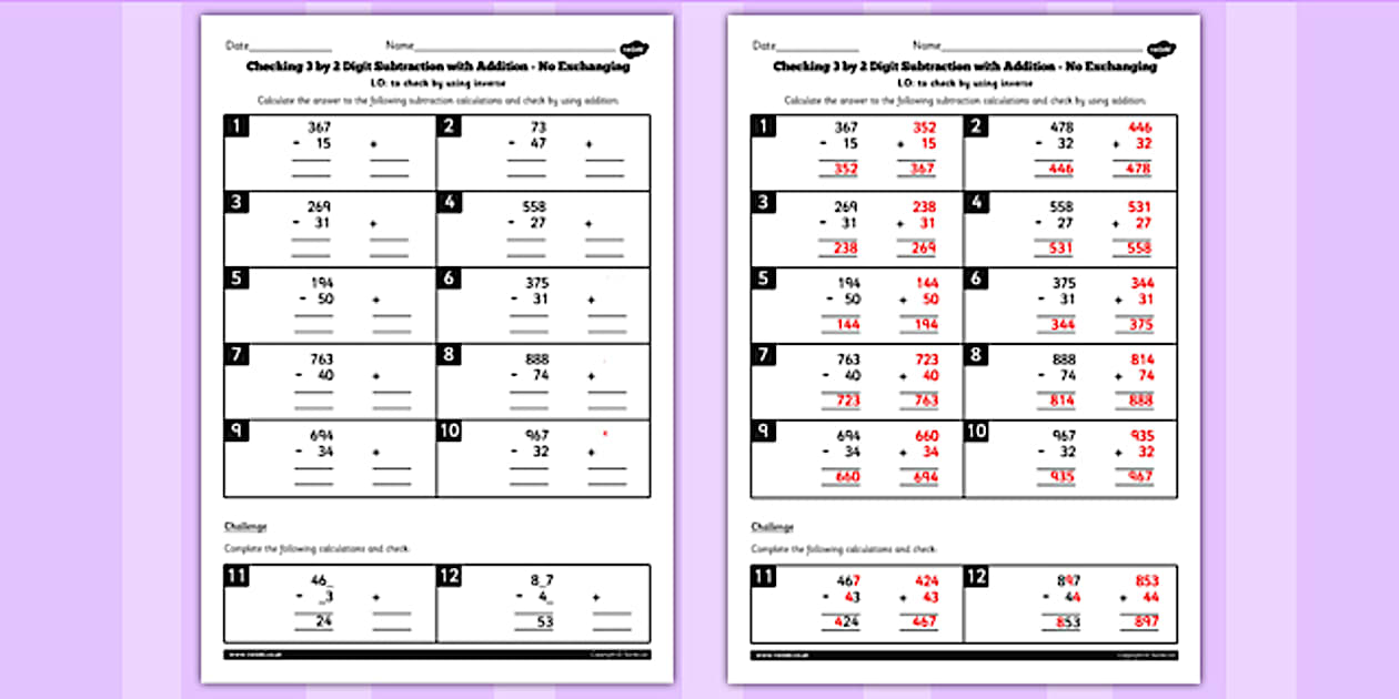 Y3 Inverse Check 3 Digit 2 Subtract Add no Exchanging Worksheet