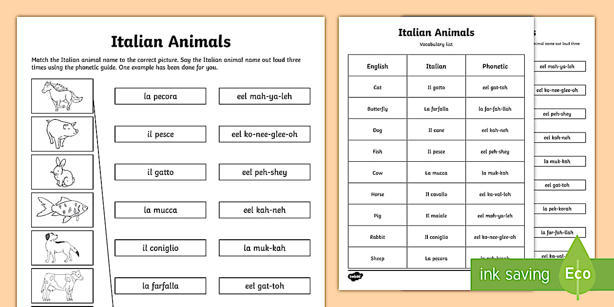 Italian Animals Match and Say Activity - Italian / italiano - Italian ...