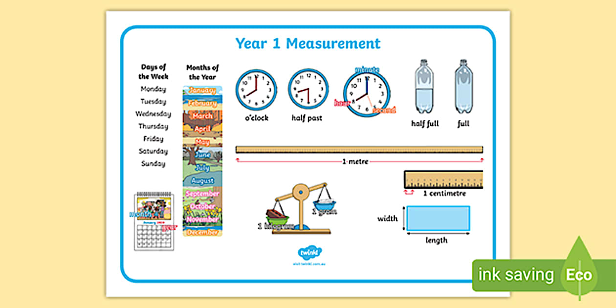 Year 1 Measurement and Time Word Mat - Twinkl