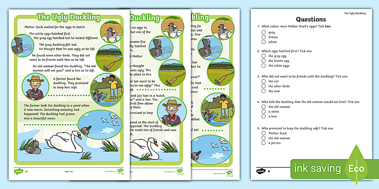 KS1 The Ugly Duckling Differentiated Reading Comprehension Activity