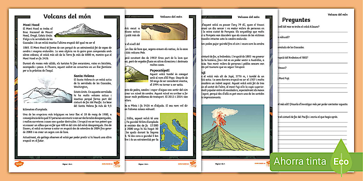 Comprensión lectora: Volcans del món - Catalán - Twinkl