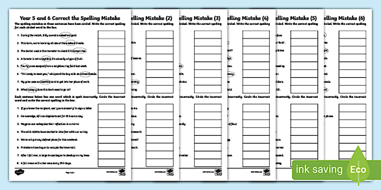 Editable Correct the Spelling Mistakes Worksheet Pack 2 - Year 5 & 6 (Ages