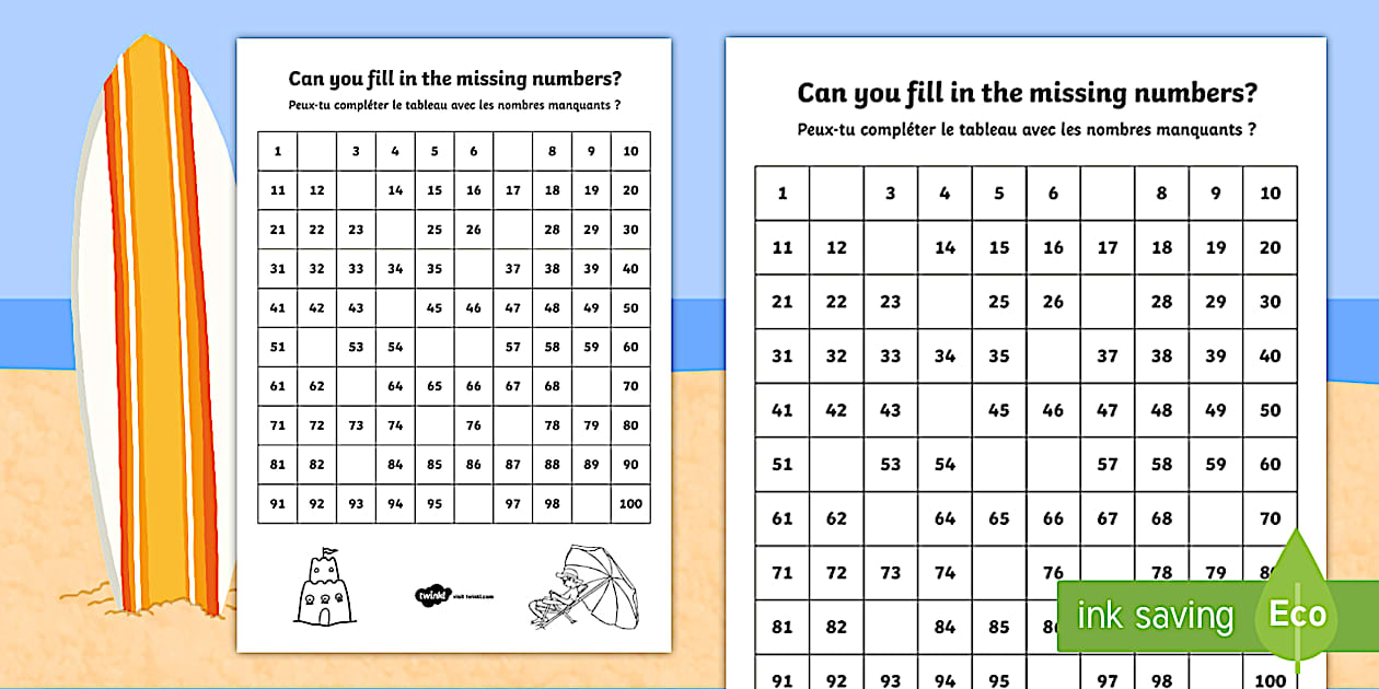 Summer Themed Missing Numbers Square English/French - Summer Themed Missing
