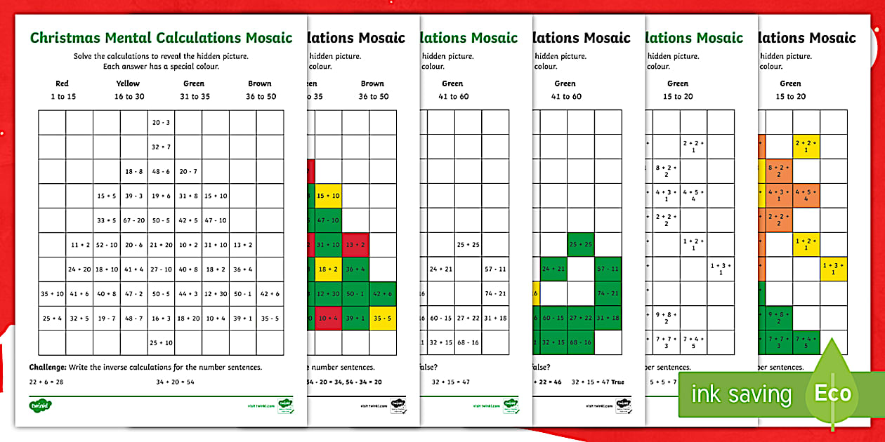 KS1 Mental Calculations Christmas Maths Mosaic Worksheets