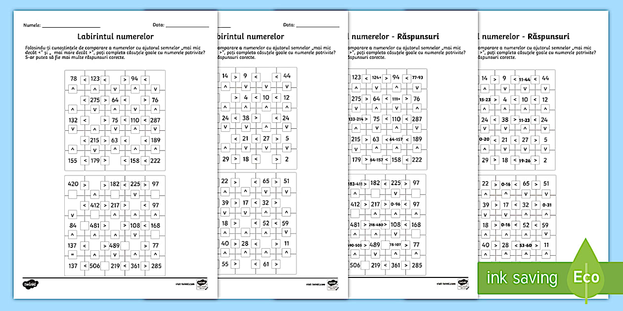 Compararea numerelor 0-100, 0-1000 – Fișă digitala