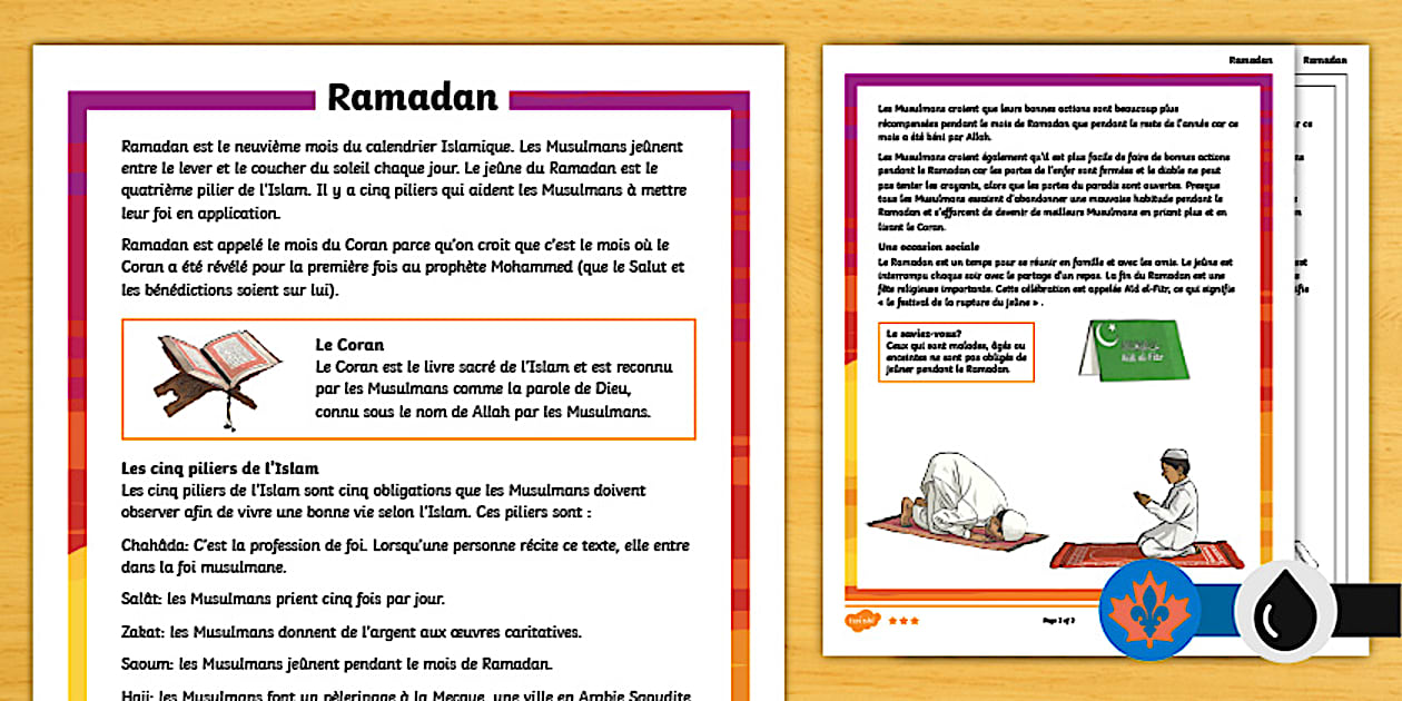 Ramadan Differentiated Comprehension Worksheets French