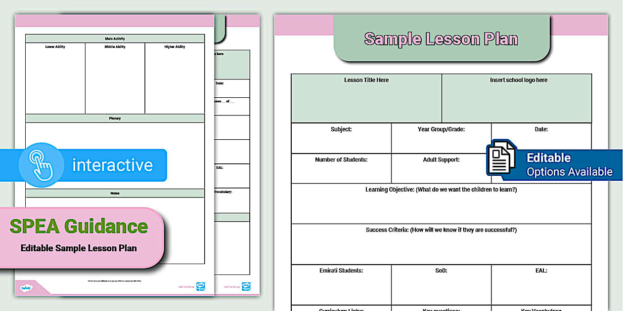 SPEA Guidance - Editable Sample Lesson Plan (teacher made)
