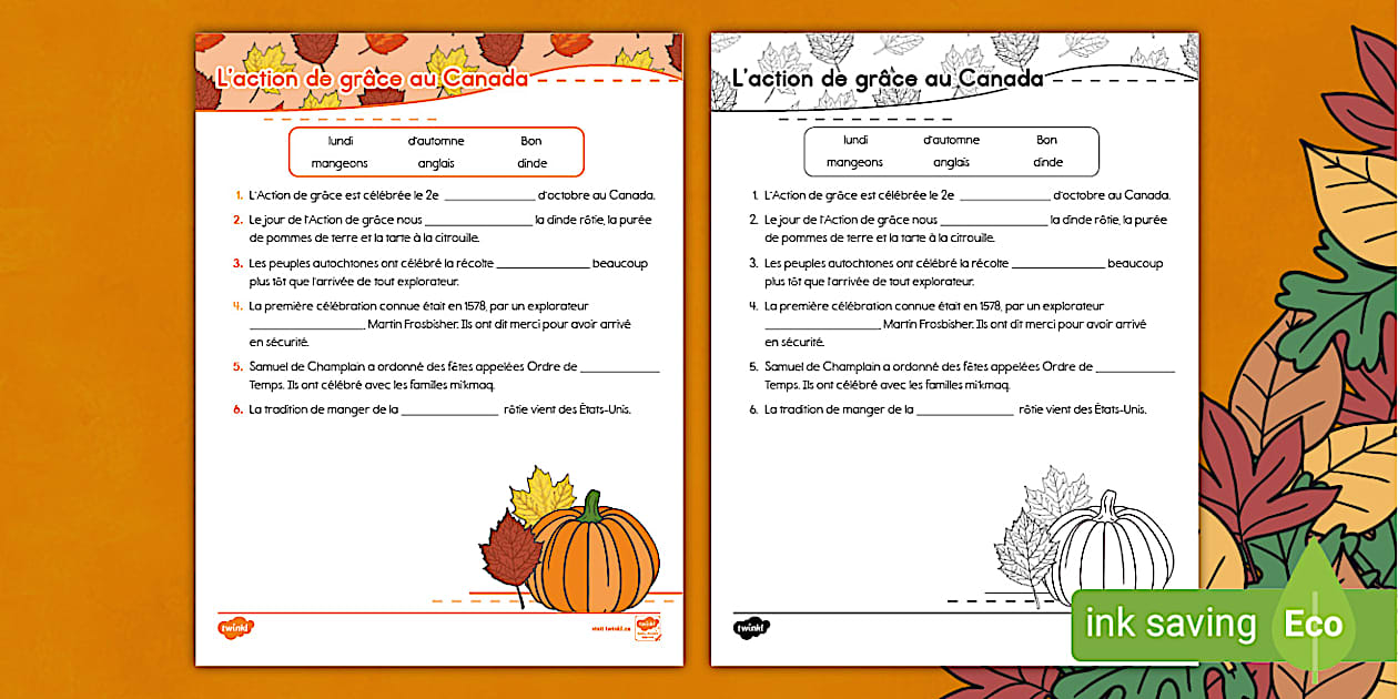 Thanksgiving in Canada Cloze Activity French