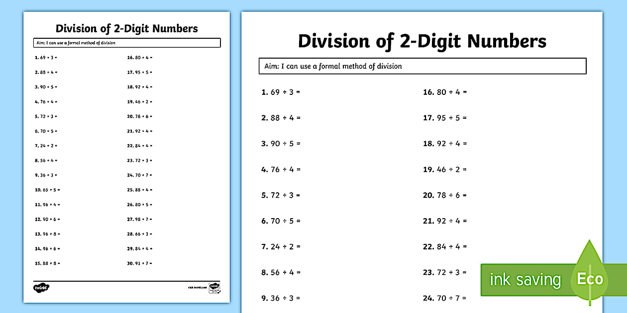 Editable Division of 2 Digit Numbers Worksheet - Twinkl
