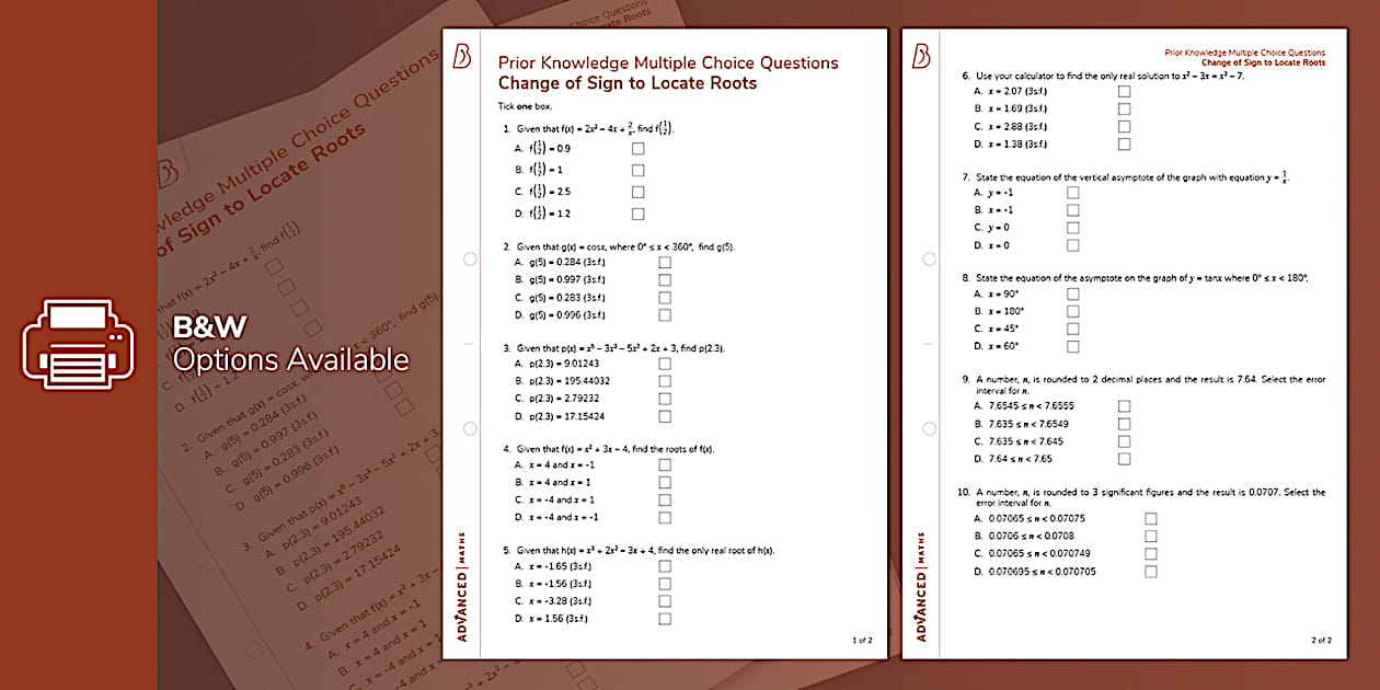 👉 Prior Knowledge Questions – Change of Sign to Locate Roots