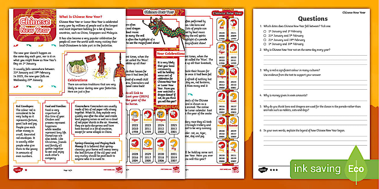 Chinese New Year Legend Reading Comprehension | NZ Primary