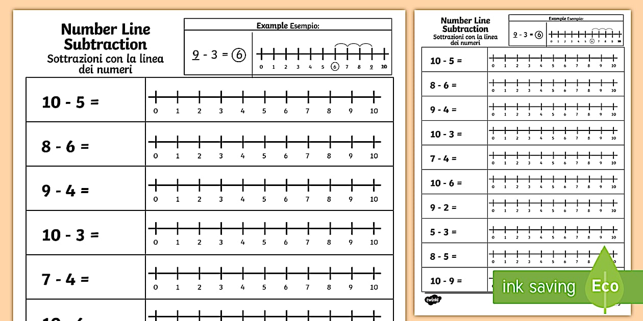 Subtraction from 10 Number Line Worksheet / Worksheet English/Italian
