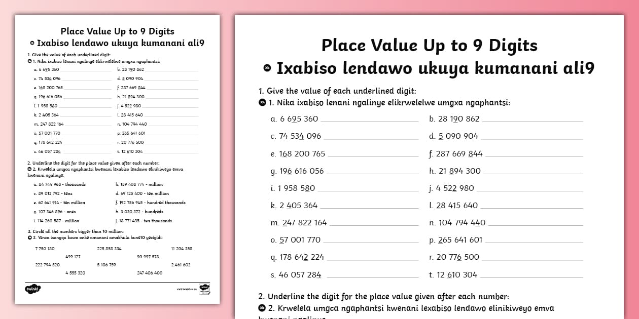 Place Value Up to 9 Digits Activity Sheet - isiXhosa