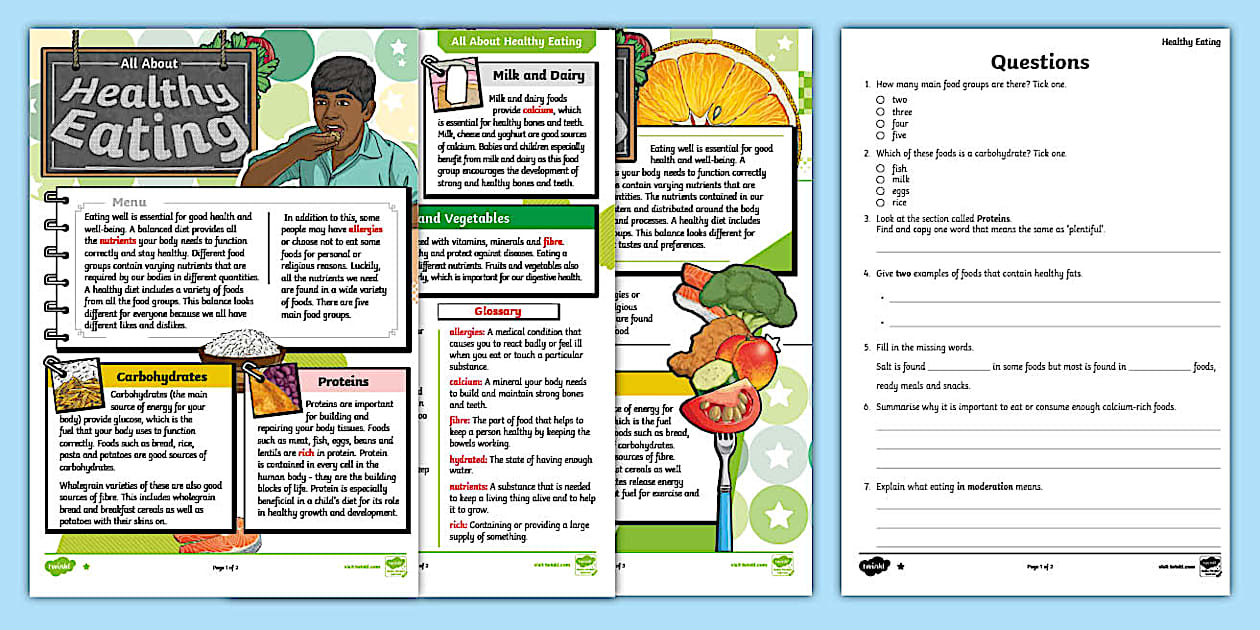 UKS2 All About Healthy Eating Reading Comprehension Activity