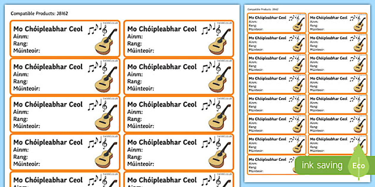 Editable Irish Gaeilge Pupil Music Copybook Labels - Twinkl