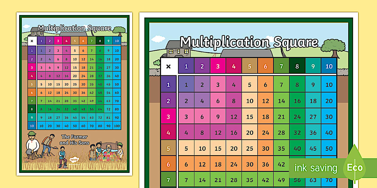 The Farmer and His Sons Themed 1-10 Multiplication Square - aesops fables
