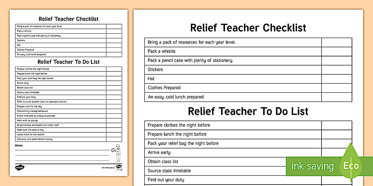 Relief Teaching Checklist Australia - F-2 - Twinkl