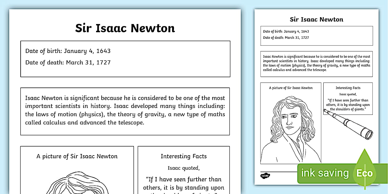 Editable Sir Isaac Newton Significant Individual KS1 Fact Sheet