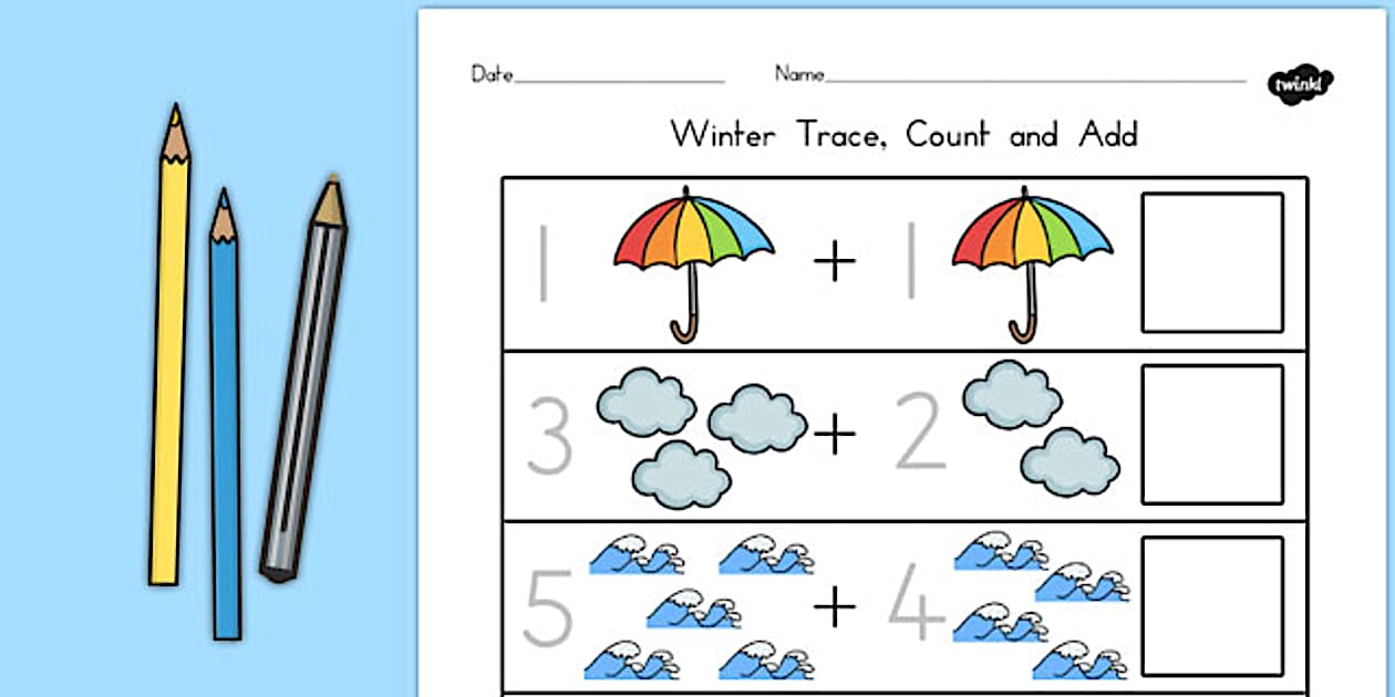 Black and White Winter Trace, Count and Add Worksheet