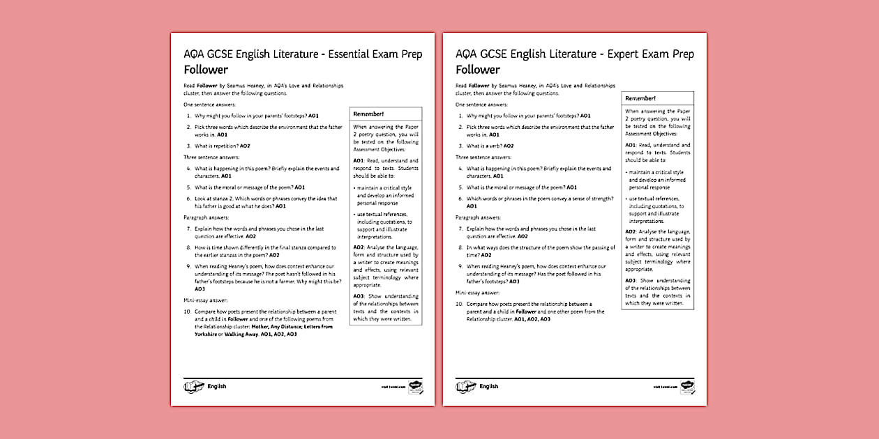 Editable AQA Poetry: Follower - Differentiated Revision Worksheets