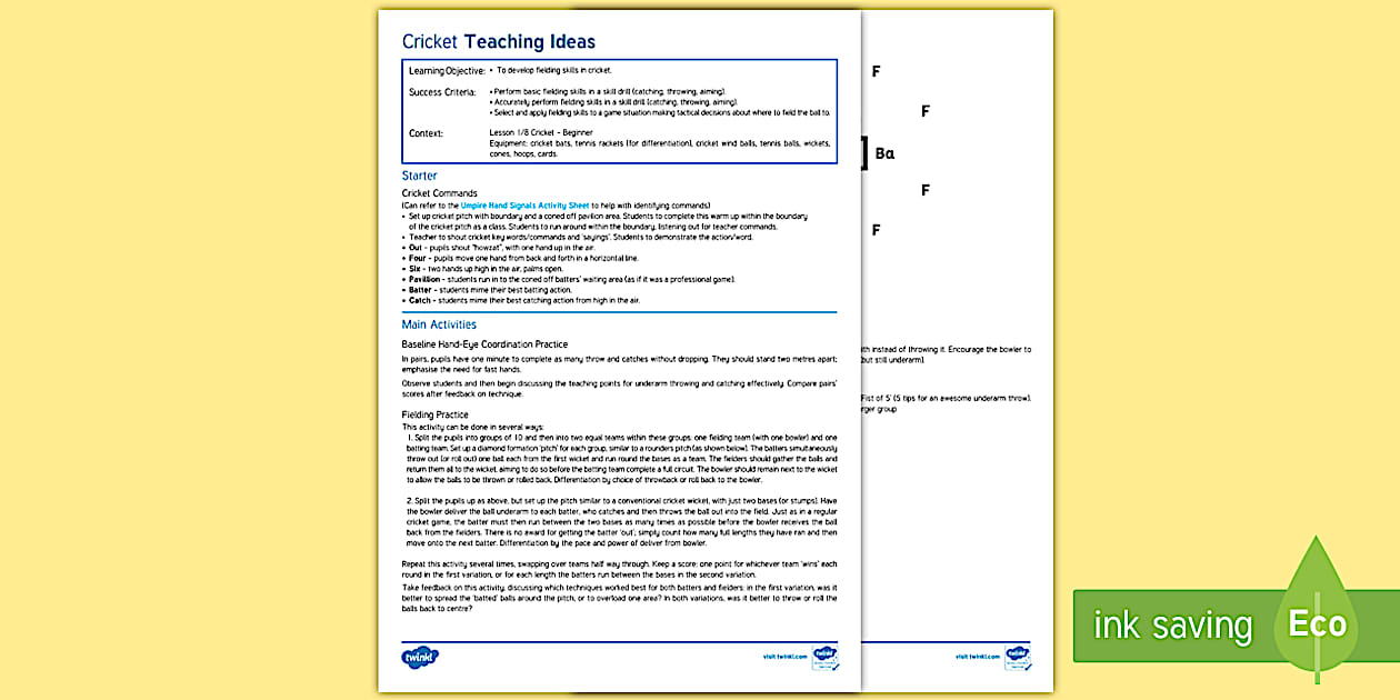 Cricket 1: Fielding Skills Lesson Ideas (teacher made)