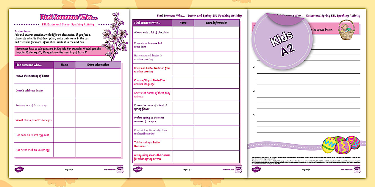 ESL Easter and Spring 'Find Someone Who' Speaking Activity [Kids, A2]