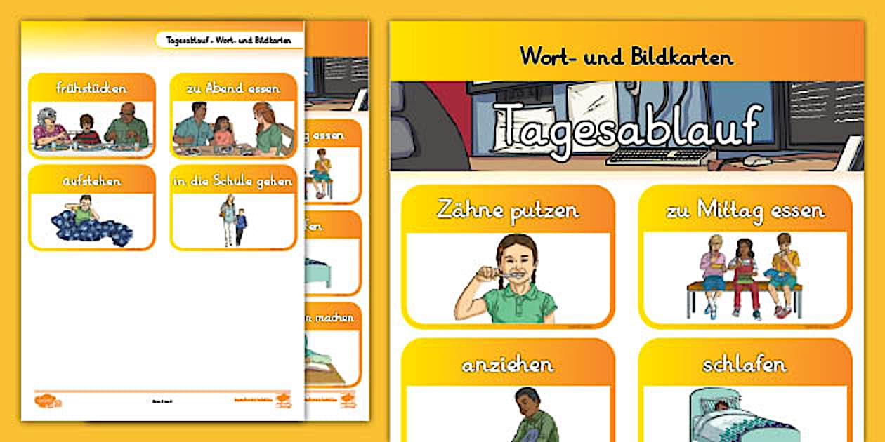 Tagesablauf - Wort- und Bildkarten (teacher made) - Twinkl