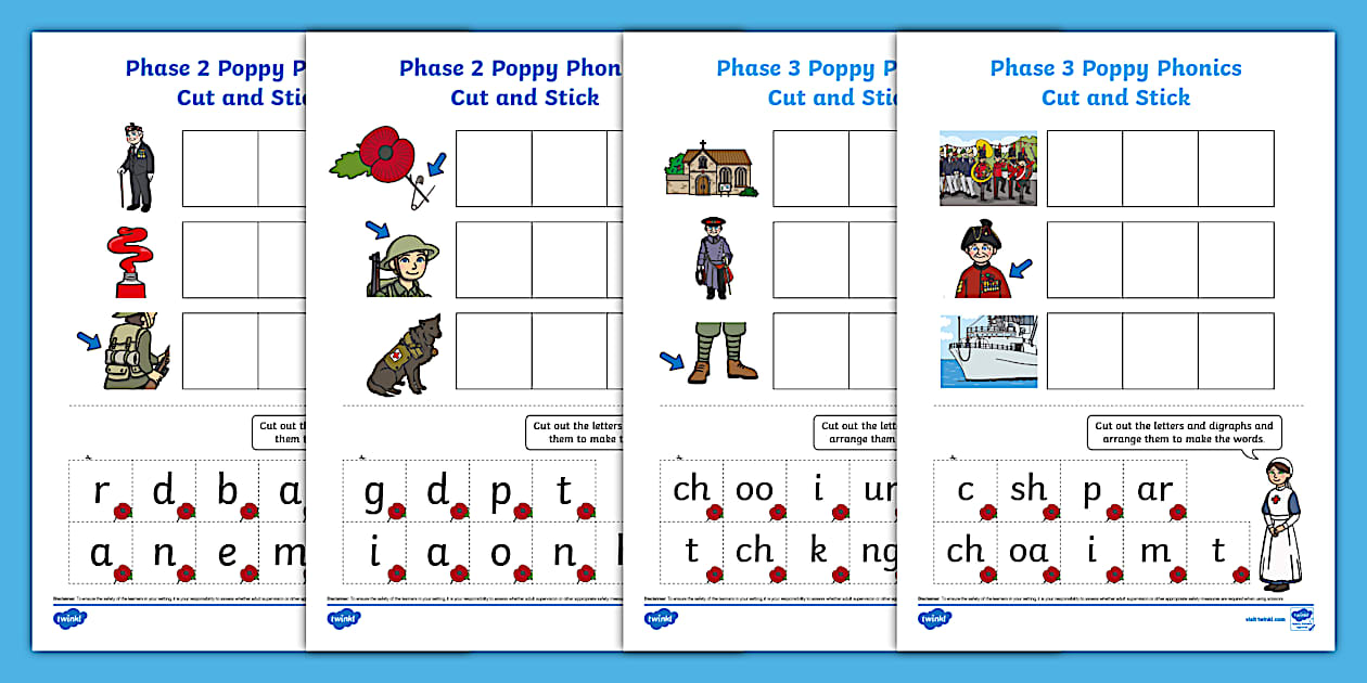 Remembrance Day Cut and Stick Poppy Phonics Activity