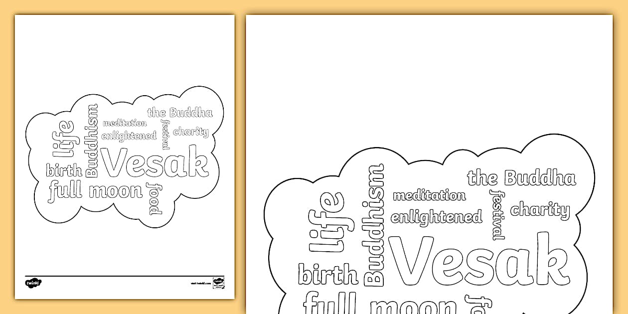 Vesak Word Cloud Coloring Sheet for 3rd-5th Grade - Twinkl