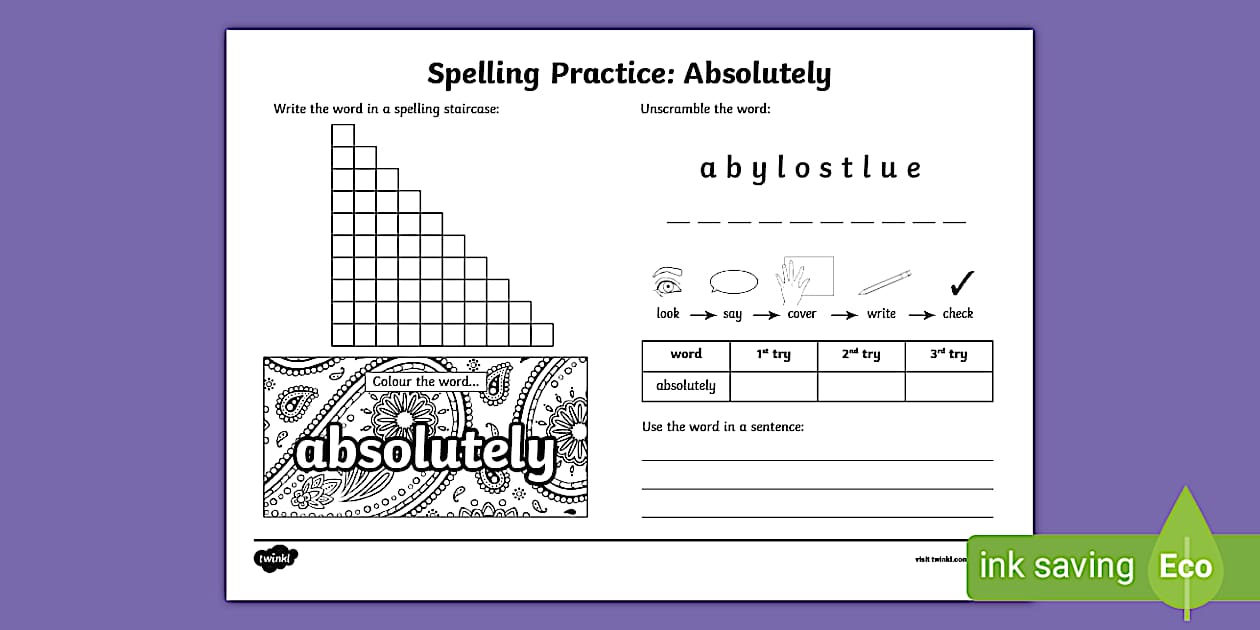 Absolutely Spelling Practice Worksheet (teacher made)
