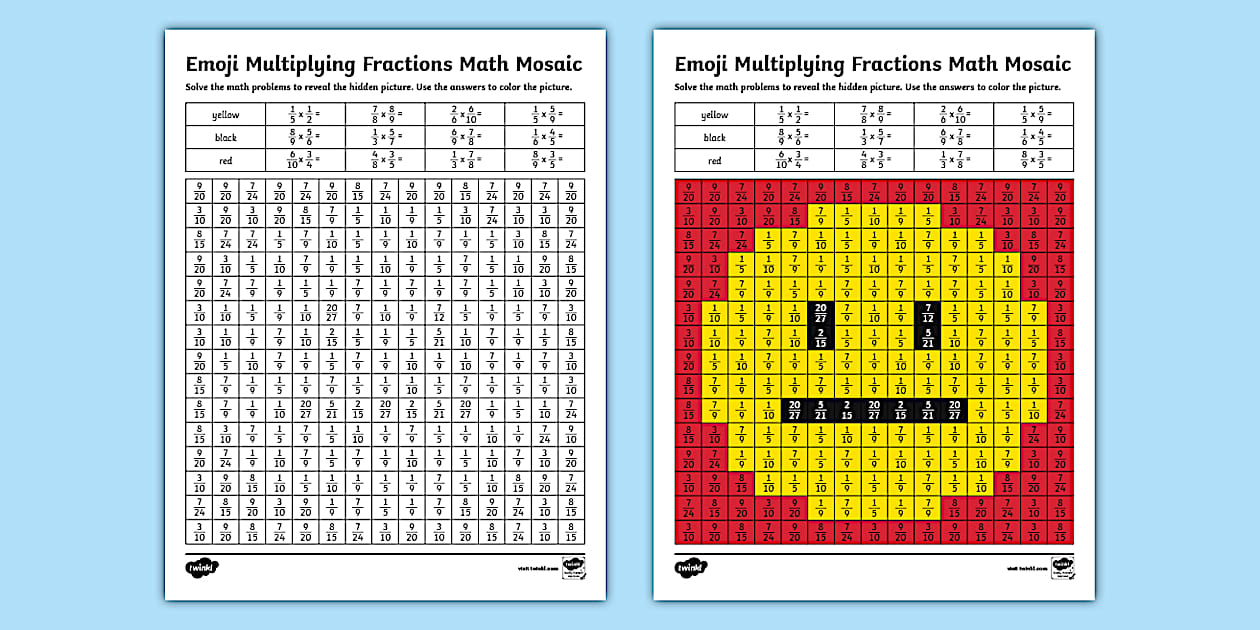 😊 Emoji Multiplying Fractions Math Mosaic for 3rd-5th Grade