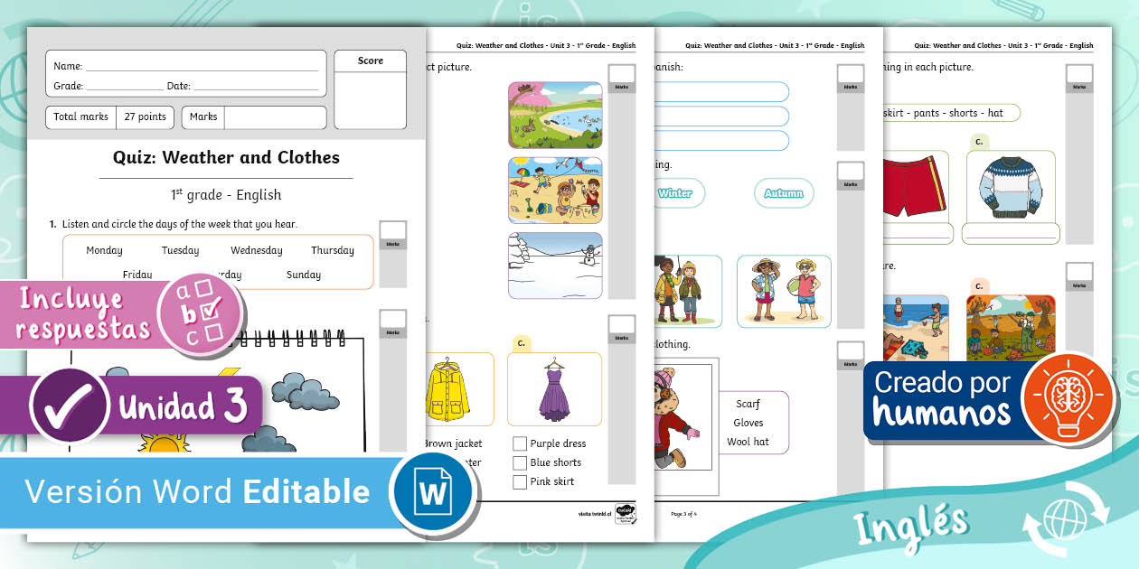 Control | 1° Básico | Unidad 3 | Inglés | Weather | Clothes
