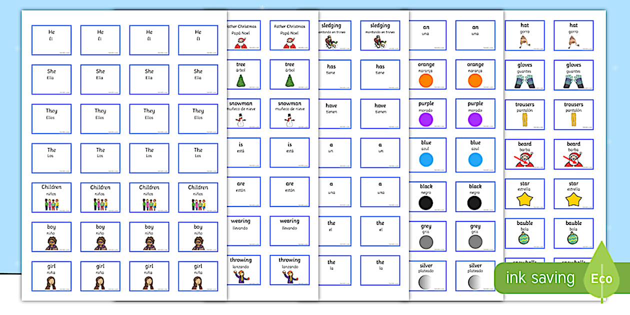 Winter Pictures with Matching Sentence Building Cards English/Spanish