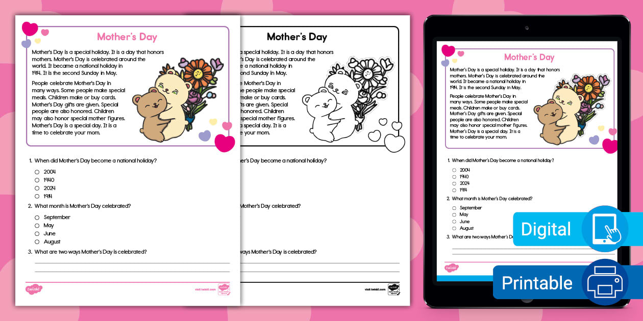 Kindergarten Mother's Day Reading Passage Comprehension