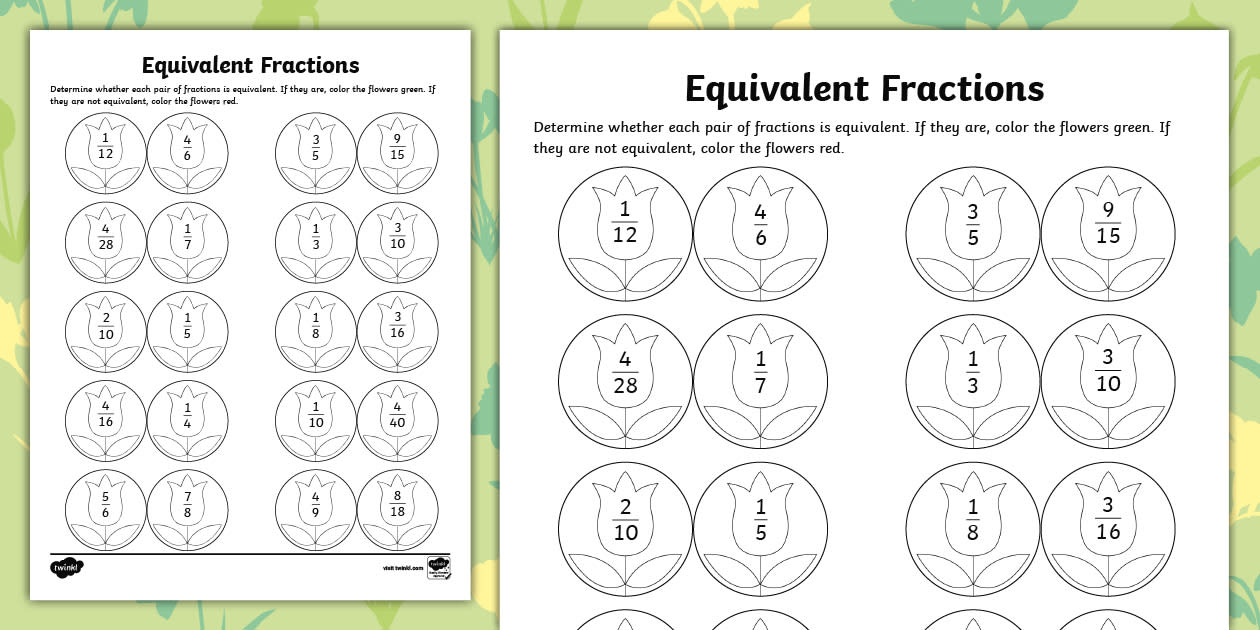 Third Grade Equivalent Fractions Spring Worksheet - Twinkl