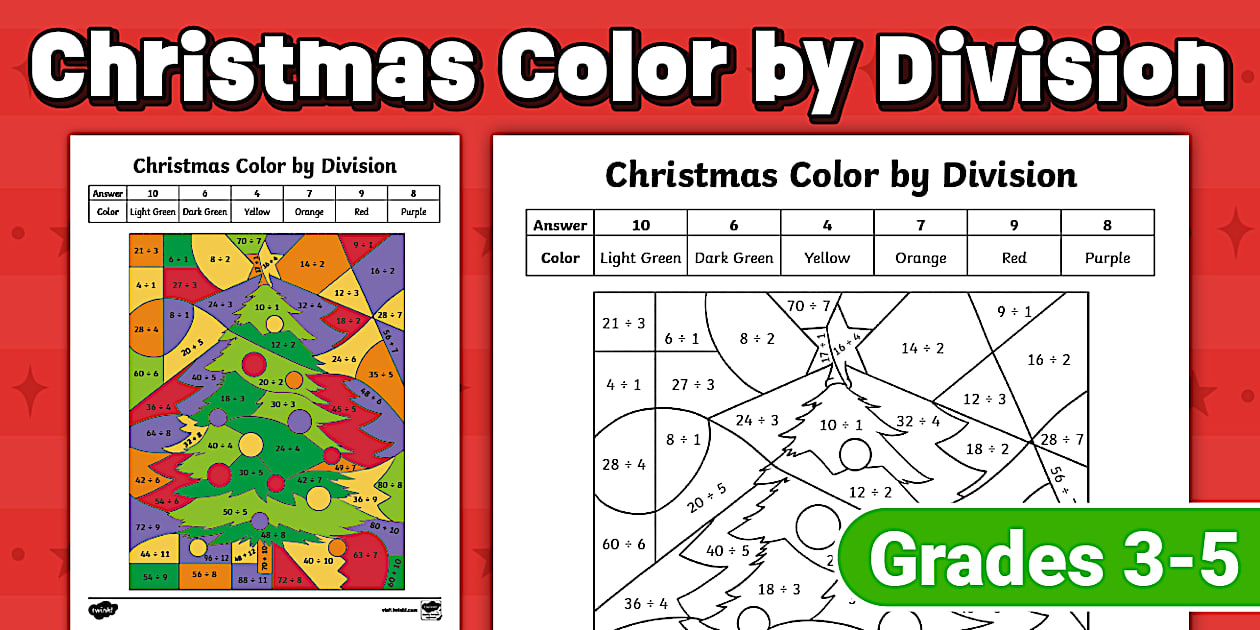 Christmas Division Color by Number for 3rd-5th Grade
